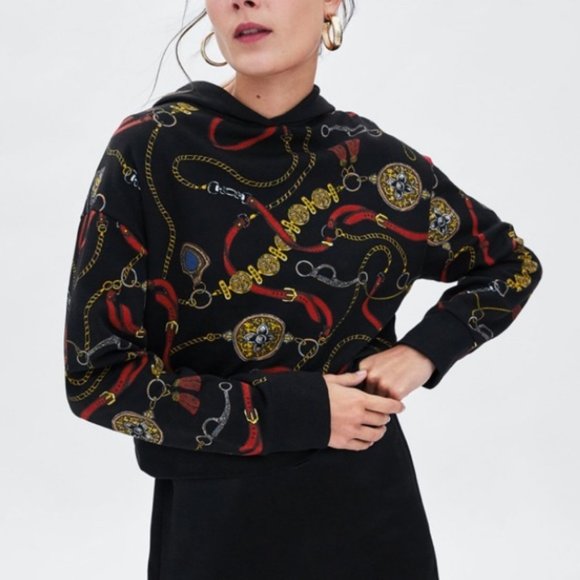 Zara | Tops | Zara Black Chain And Medallion Print Hooded Cropped Long ...